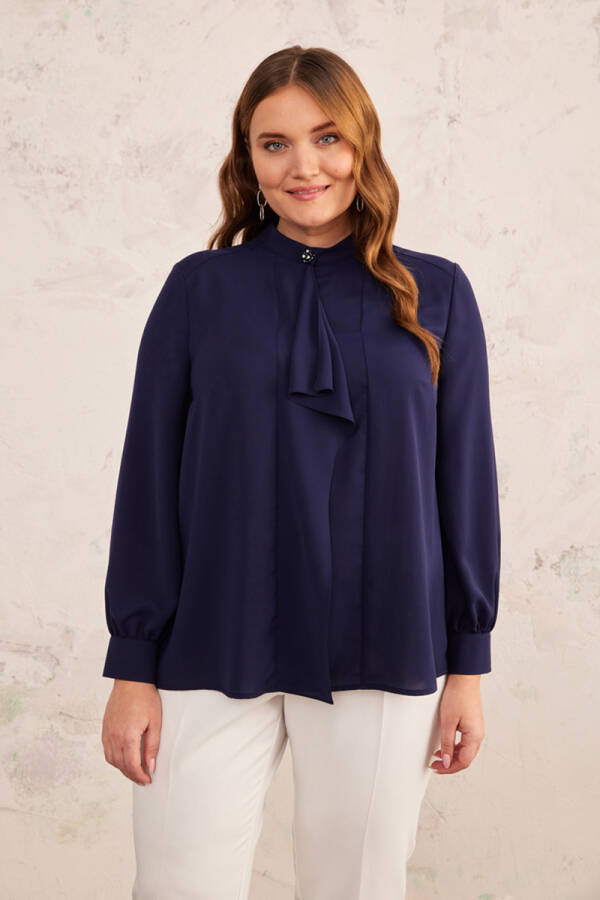 Lacivert Volan Detaylı Bluz - Aker